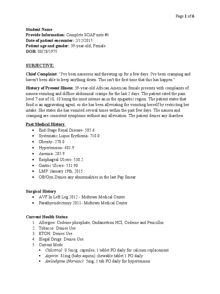 Sample SOAP Note | PDF | Grandparent | Nausea