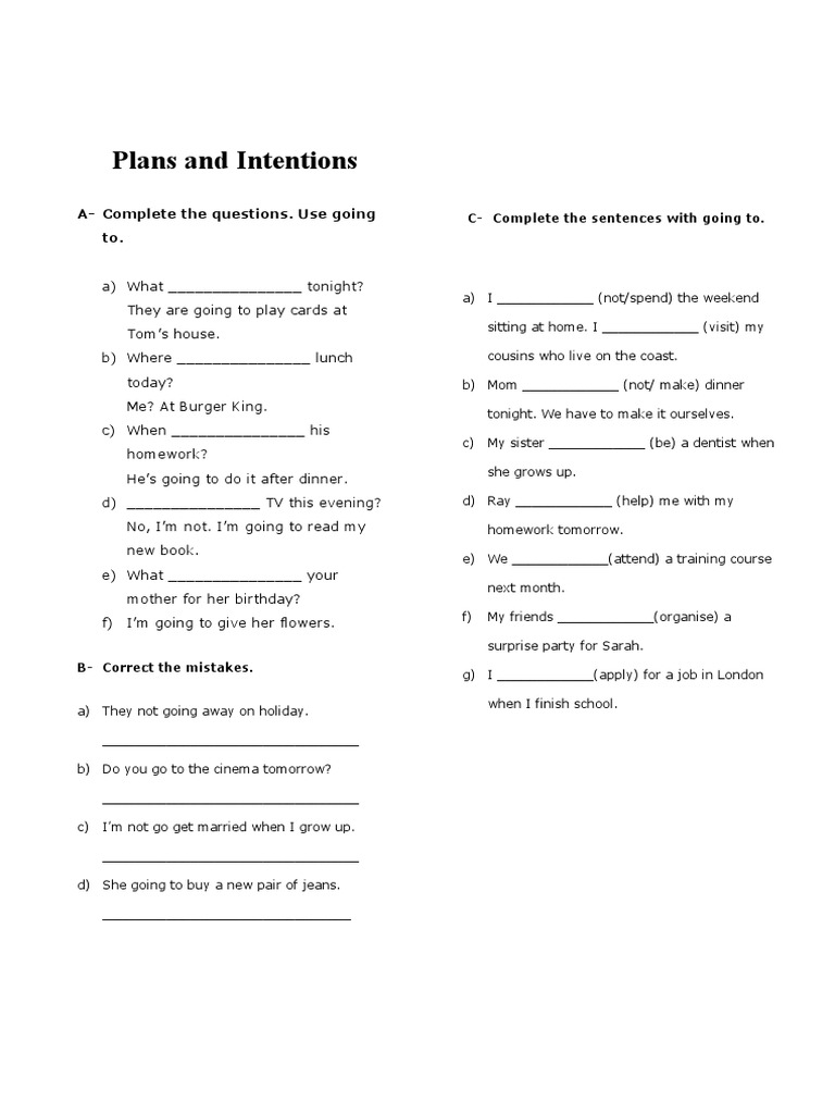 Plans and Intentions: A-Complete The Questions. Use Going To | PDF