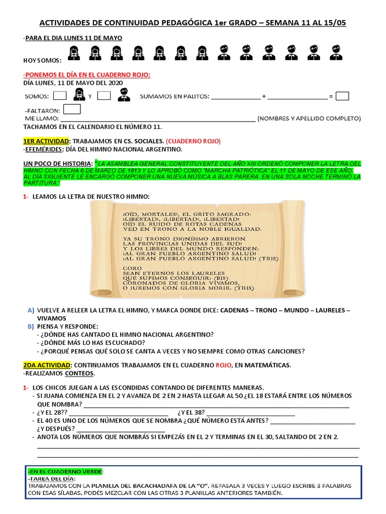 Actividades Pedagógicas 1er Grado: Mayo 2020 | PDF