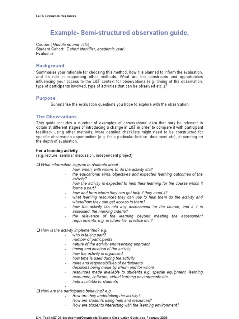 Example Observation Guide | PDF | Educational Assessment | Teaching