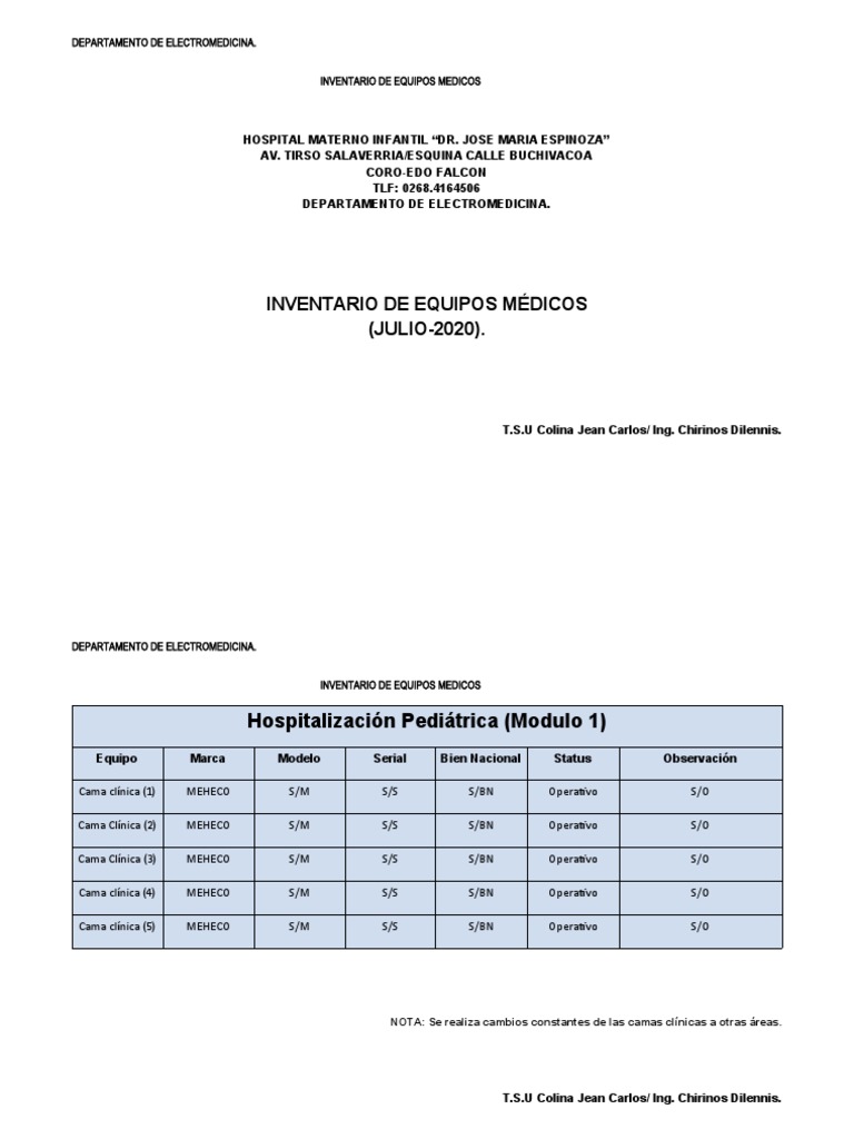 Inventario de Equipos Médicos Hospitalarios | PDF | Equipo | Física ...
