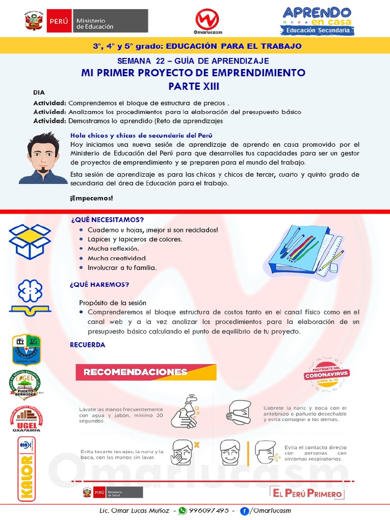 Semana 22 - 3°, 4° y 5° EPT - Guías de Aprendizaje - Mi Primer Proyecto de Emprendimiento XIII ...