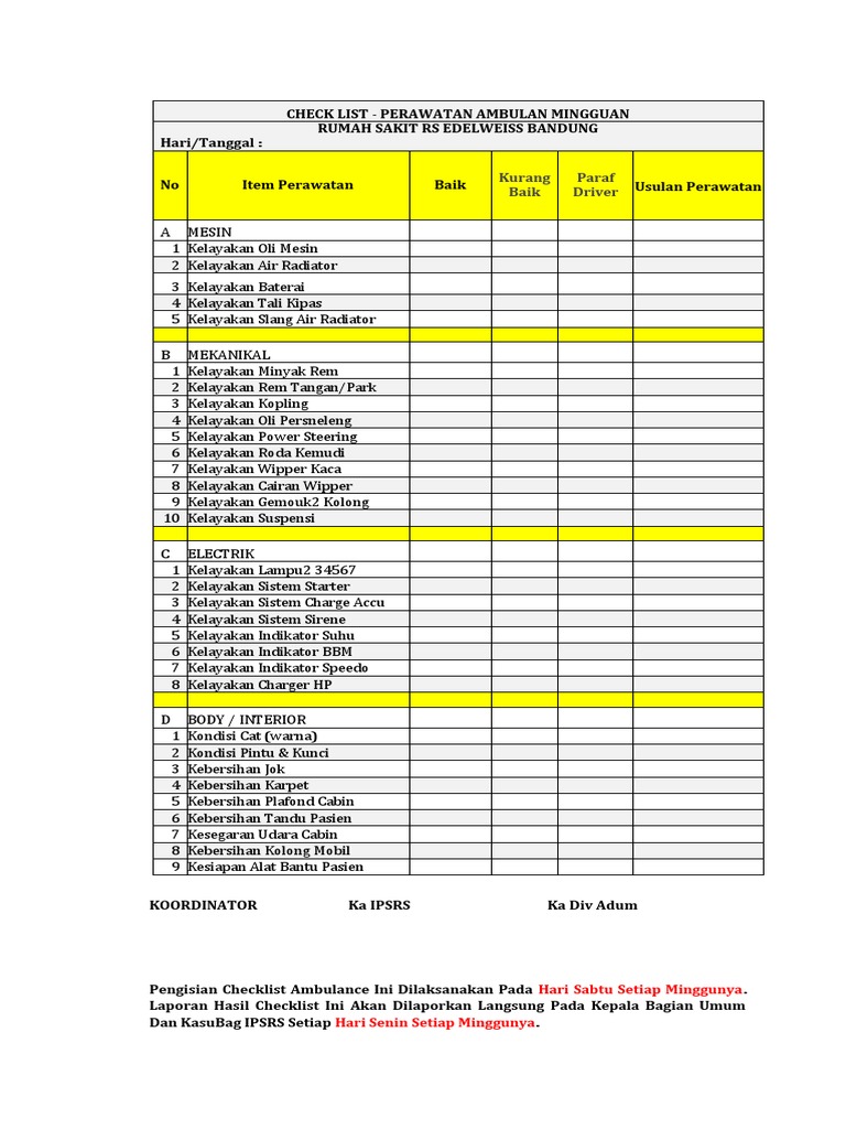 Check List Perawatan Ambulan Mingguan Rs | PDF