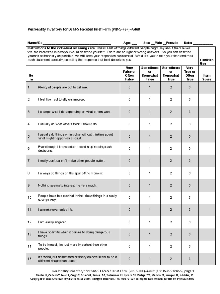 Personality Inventory For DSM-5 Faceted Brief Form (PID-5-FBF) - Adult ...