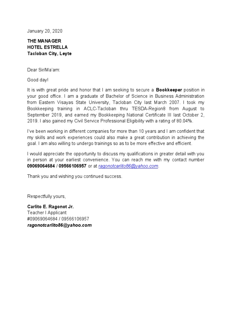 Application for Bookkeeper at Hotel Estrella | PDF
