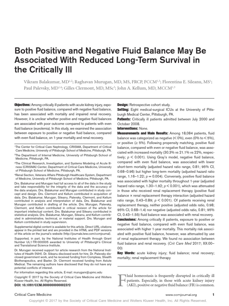 Positive and Negative Fluid Balance | PDF | Intensive Care Medicine | Intensive Care Unit