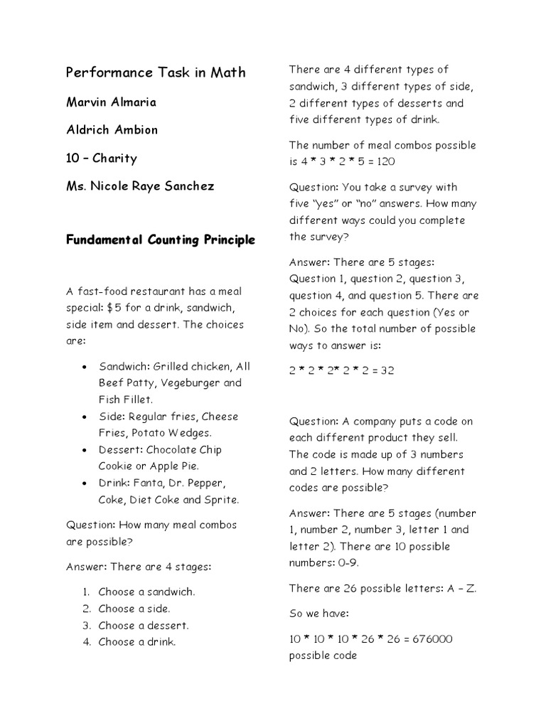 Performance Task in Math | PDF | Permutation | Sandwich