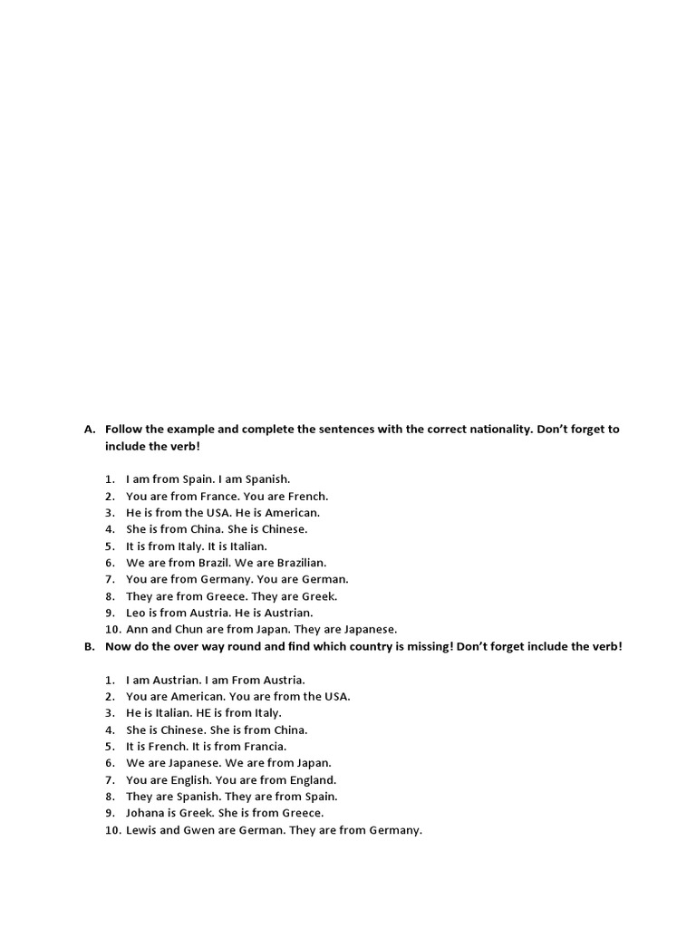 A. Follow The Example and Complete The Sentences With The Correct ...