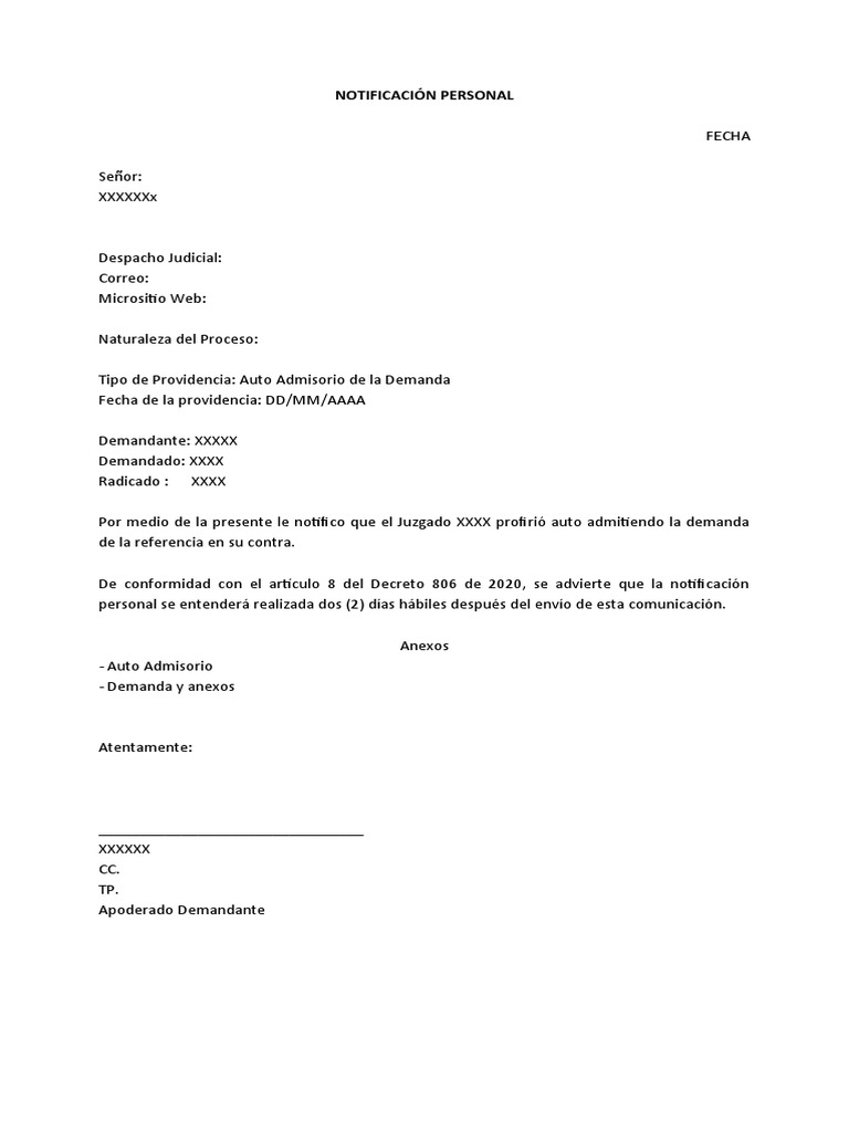 Notificación Personal Decreto 806 de 2020 | PDF