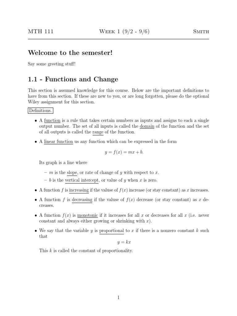 Welcome To The Semester!: MTH 111 Week 1 (9/2 - 9/6) Smith | PDF | Exponential Function ...