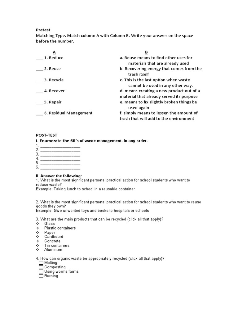 Waste Management Pretest and Post-Test | PDF