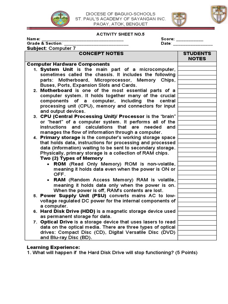 Activity Sheet No.5 Name: - Score: - Grade & Section: - Date | PDF