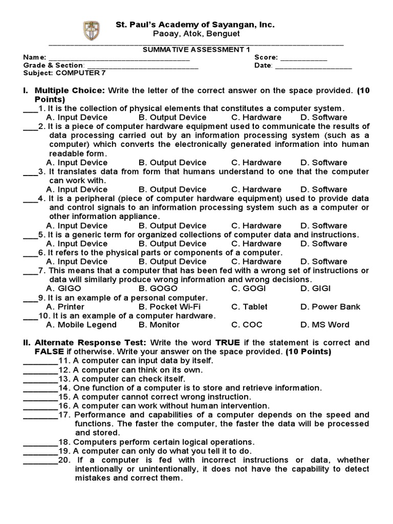 Summative Assessment 1 | PDF | Input/Output | Computer Hardware