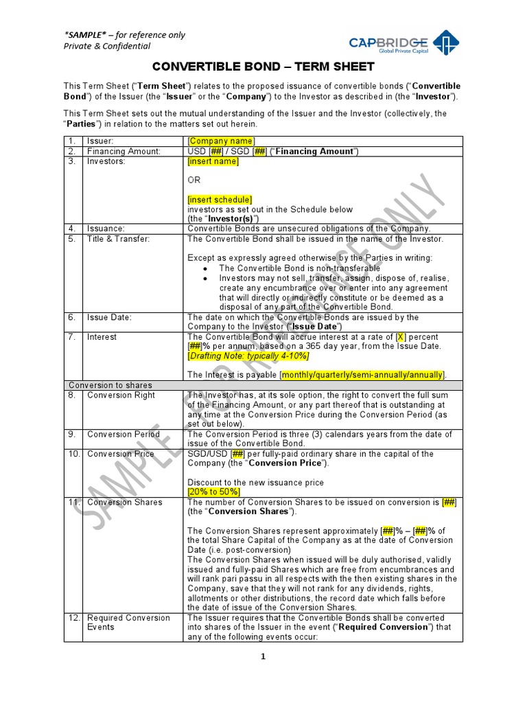 Convertible Bond - Term Sheet: SAMPLE - For Reference Only | PDF ...