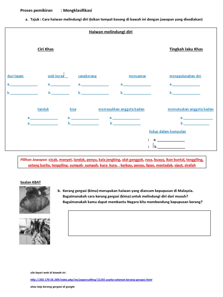 Latihan Tahun 5 Haiwan Melindungi Diri KSSR | PDF