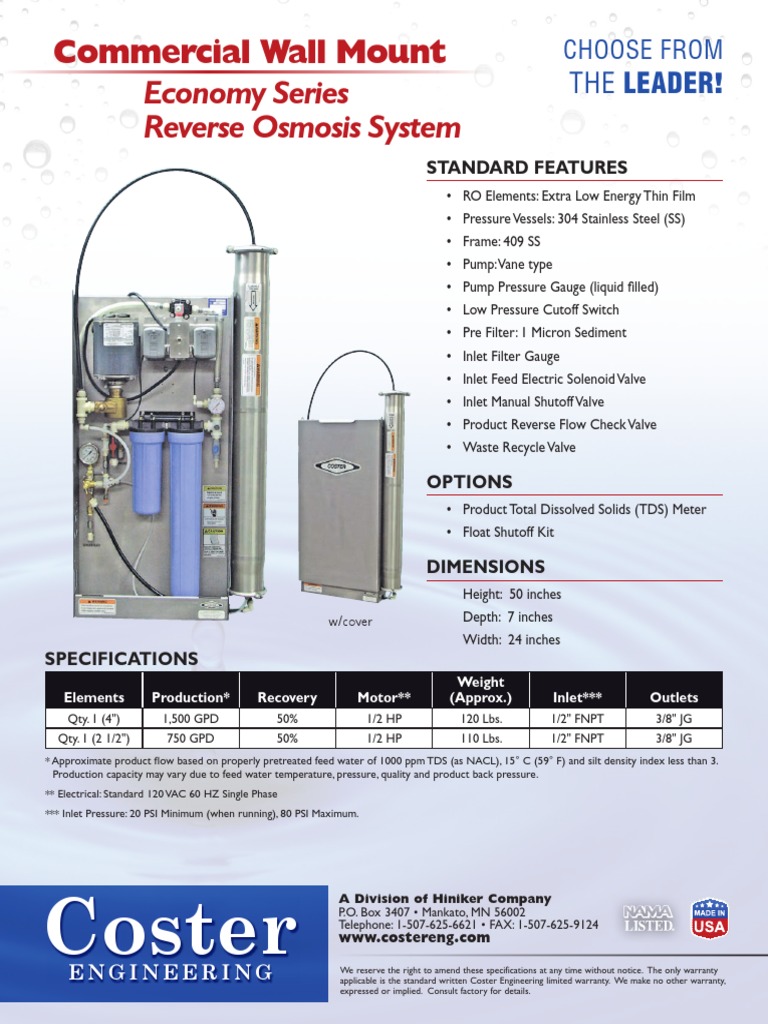Commercial Wall Mount Ro System Coster Brochure | PDF | Pressure | Valve