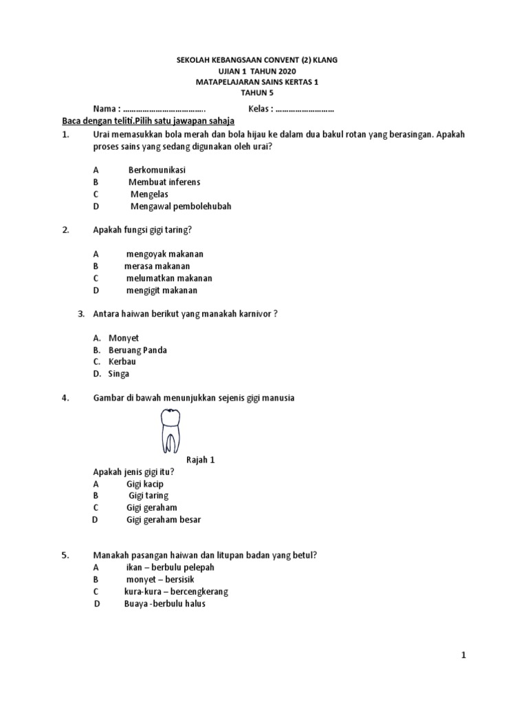 Soalan Sains Tahun 1 untuk Ujian | PDF