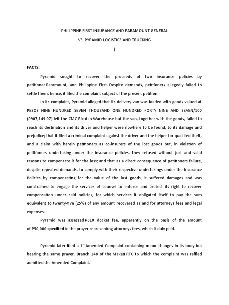 Phil. First Insurance v. Paramount Gen. Insurance, GR No. 165147 - July ...