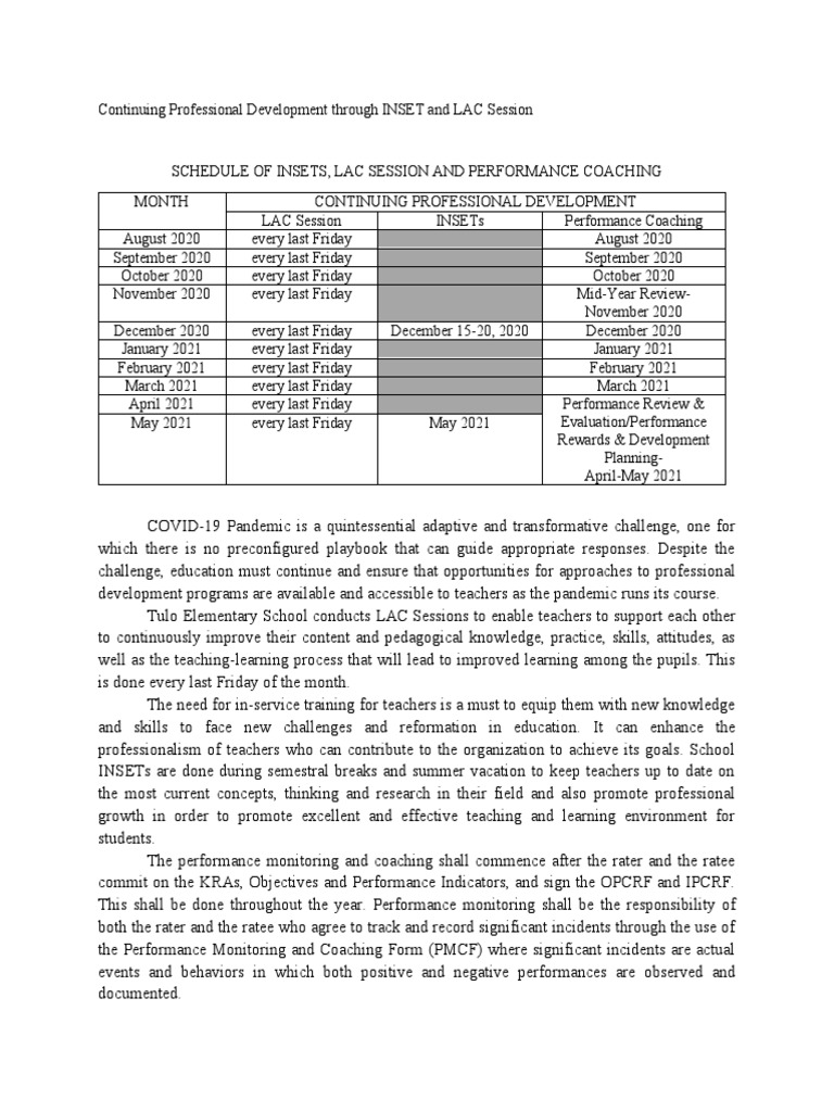 Continuing Professional Development Through INSET and LAC Session | PDF | Teachers | Performance ...
