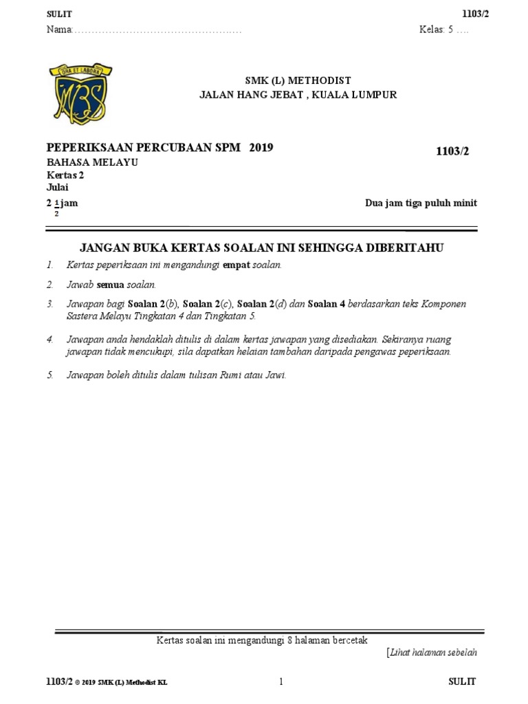 KUALA LUMPUR (SMK (L) Methodist) - BM2+Skema | PDF
