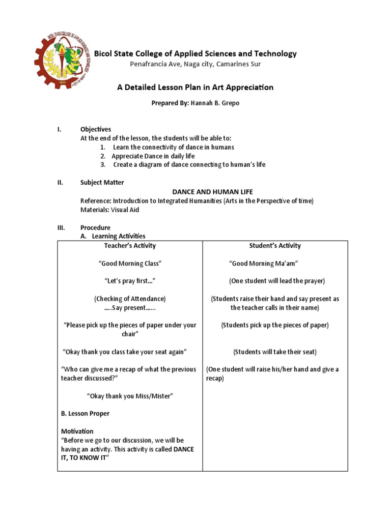 A Detailed Lesson Plan in Art Appreciation 2 | PDF | Dances | Idea