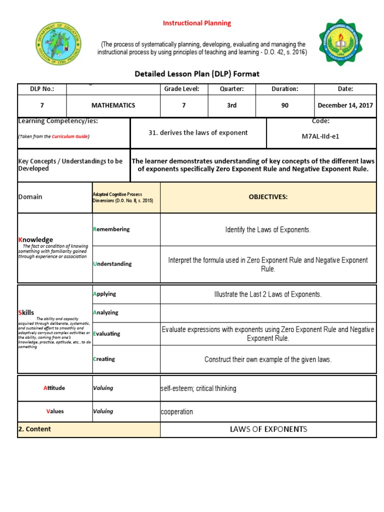Detailed Lesson Plan (DLP) Format: 7 Mathematics 7 3rd 90 December 14 ...