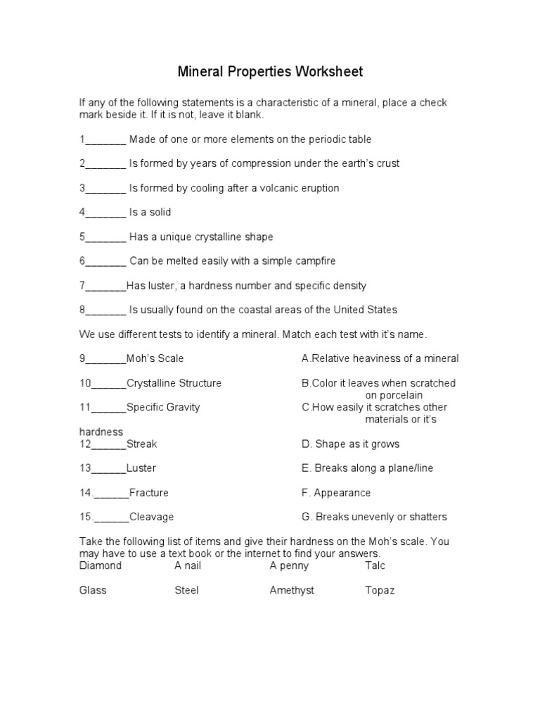 Mineral Properties Worksheet | Gemstone | Minerals