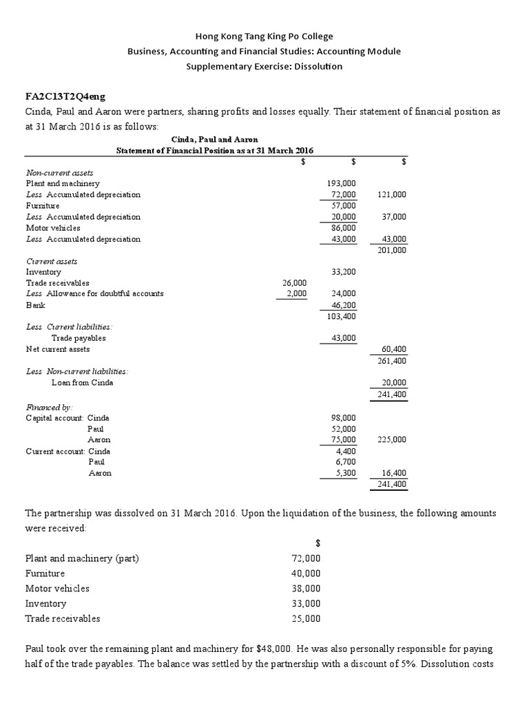 Accounting Dissolution - Exercise | PDF | Book Value | Balance Sheet