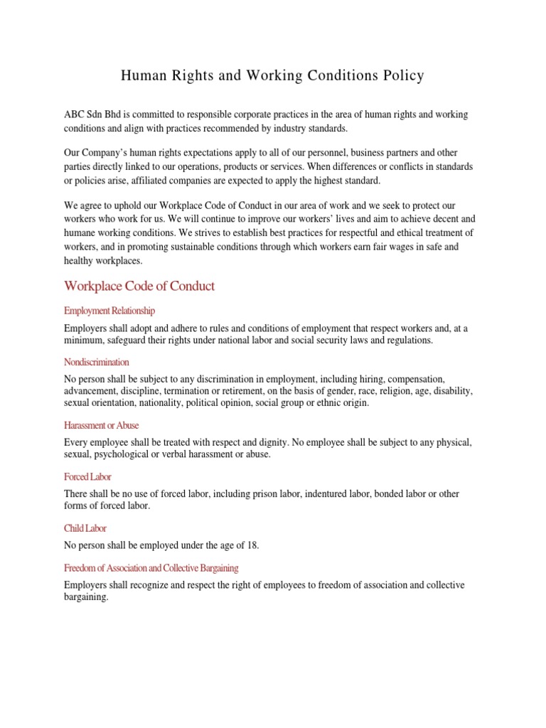 Human Rights and Working Conditions Policy | PDF | Overtime | Employment