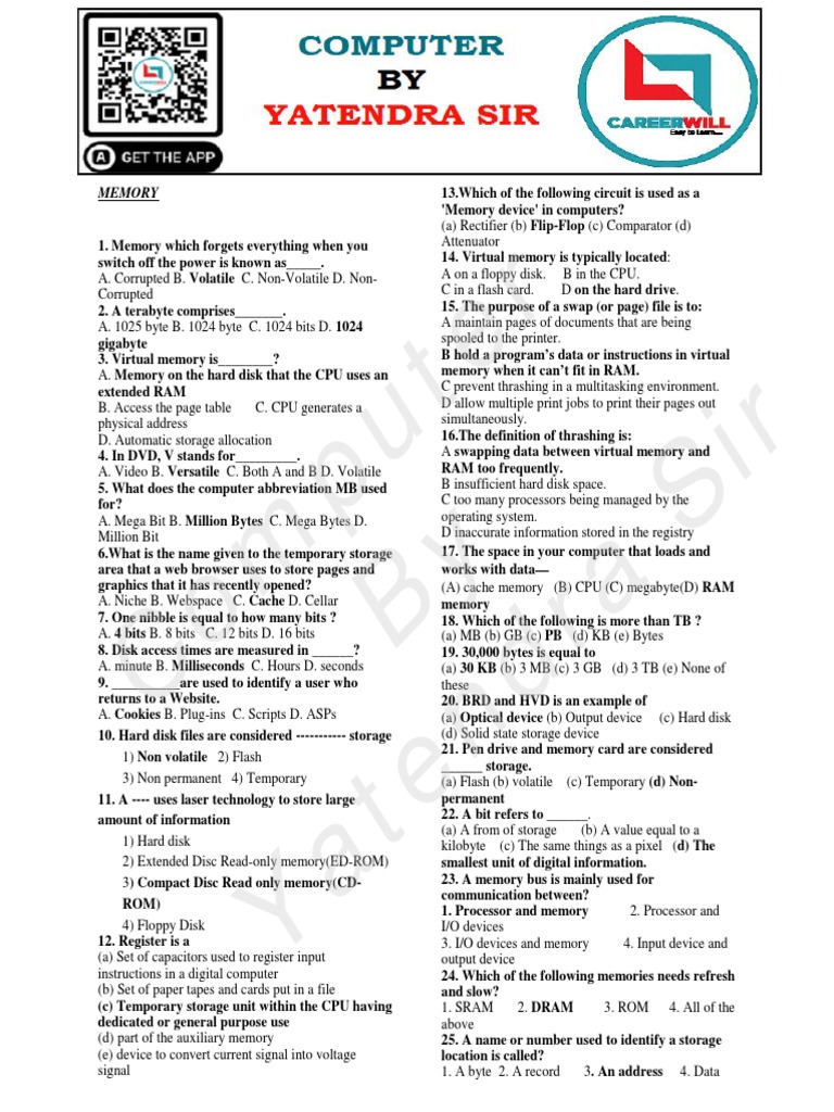 Computer By Yatendra Sir Memory Pdf Computer Data Storage Random