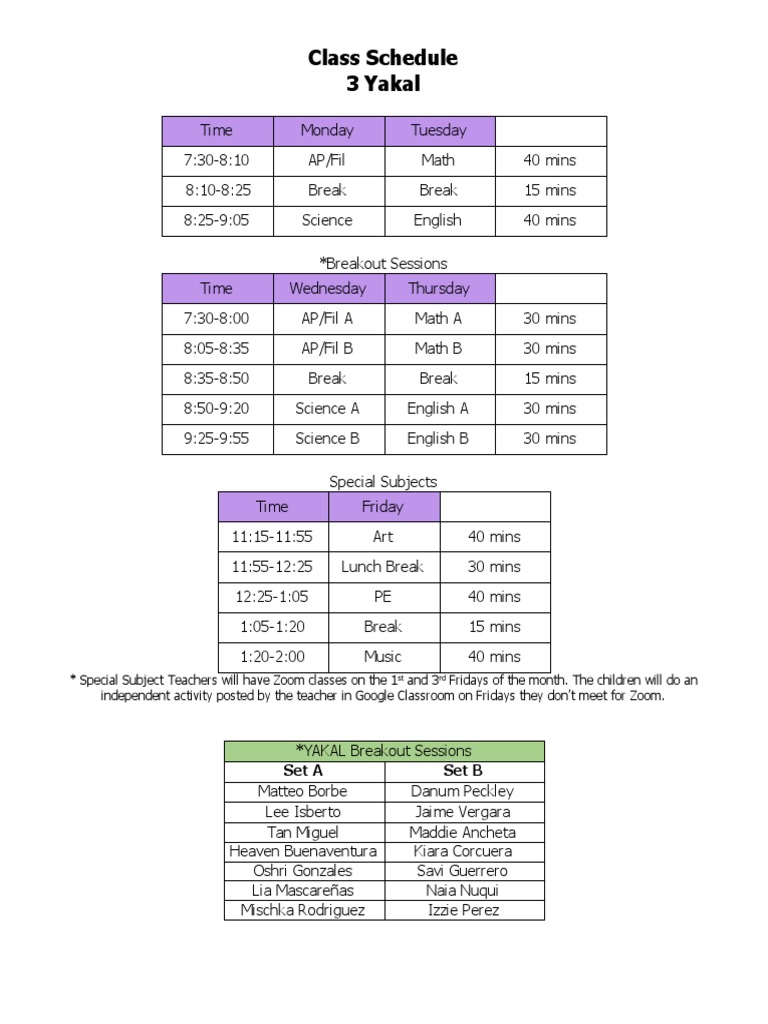 Grade 3 Yakal Weekly Class Schedule | PDF