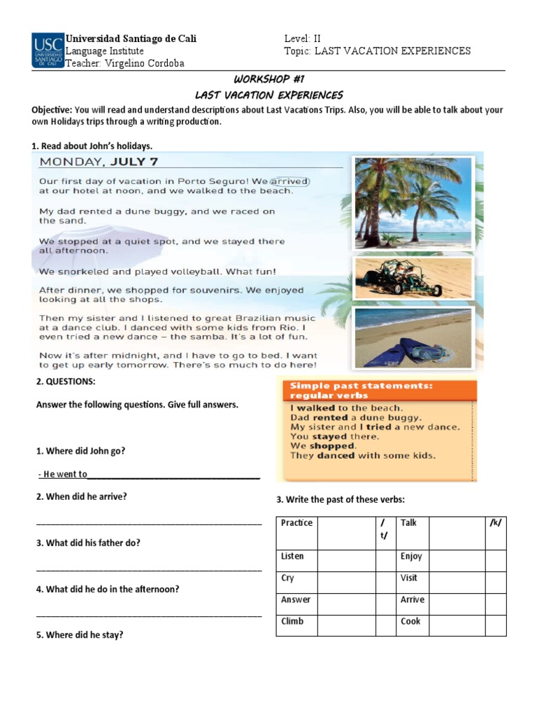 Last Vacation Experiences Workshop | PDF | Verb | Syntax