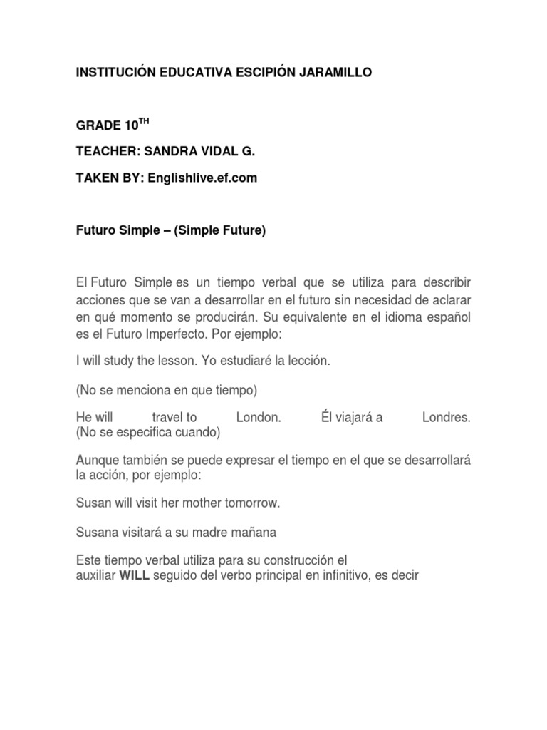 10.th FUTURO SIMPLE. GOING TO. TEORIA Y EJERCICIOS | PDF | Verbo ...