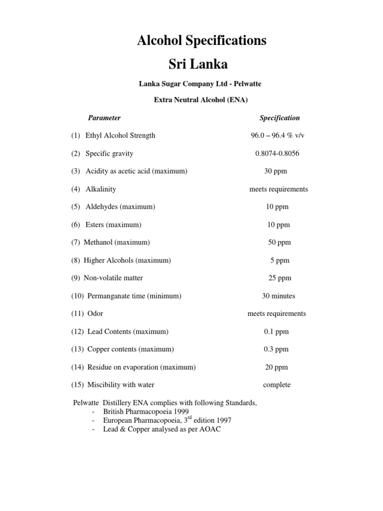 Alcohol Specifications Sri Lanka: Extra Neutral Alcohol (ENA) | PDF
