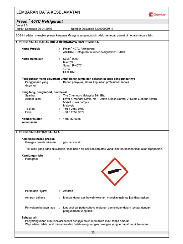 Chemours Freon 407C SDS BM | PDF