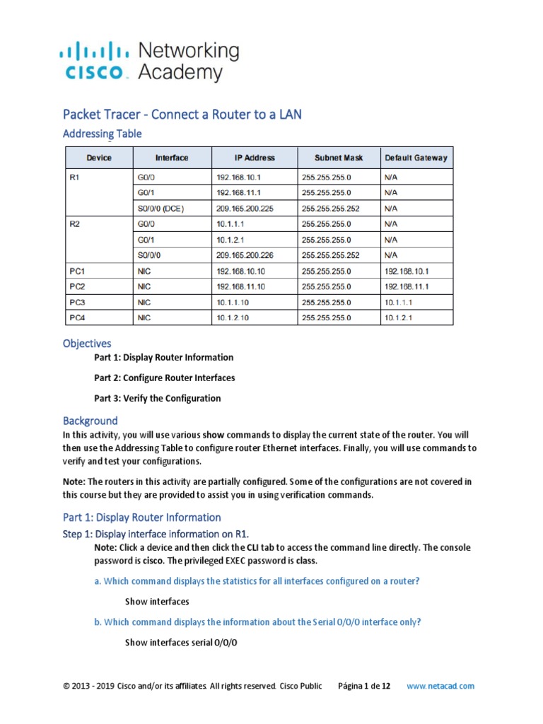 Packet Tracer - Connect A Router To A LAN: Addressing Table | PDF ...