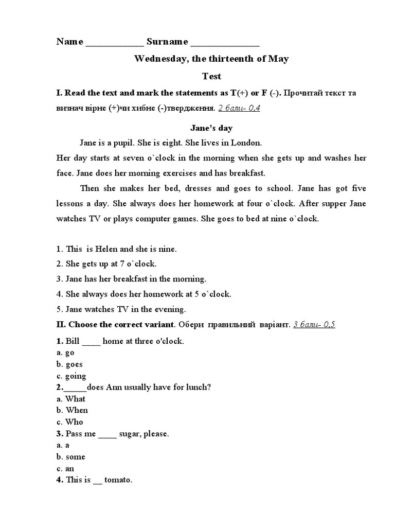 Jane's Daily Routine Quiz | PDF