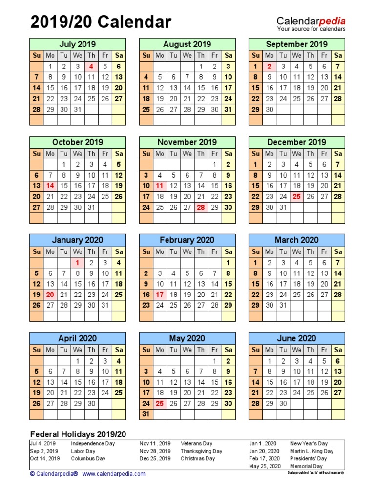 Split Year Calendar 2019 2020 Portrait Year at A Glance | PDF | Federal ...