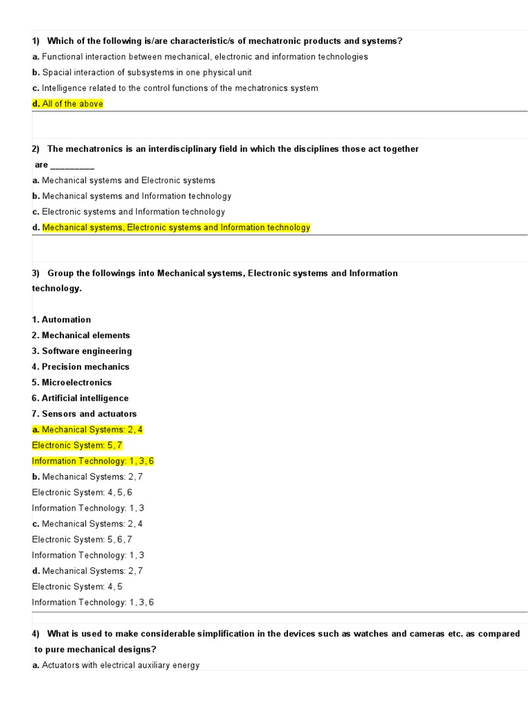 Mechatronics & Control Systems Quiz | PDF | Programmable Logic ...