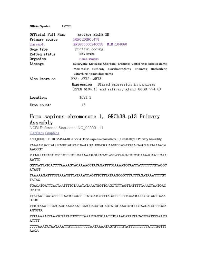 Amylase Alpha 2B Gene Overview | PDF | Messenger Rna | Genetics