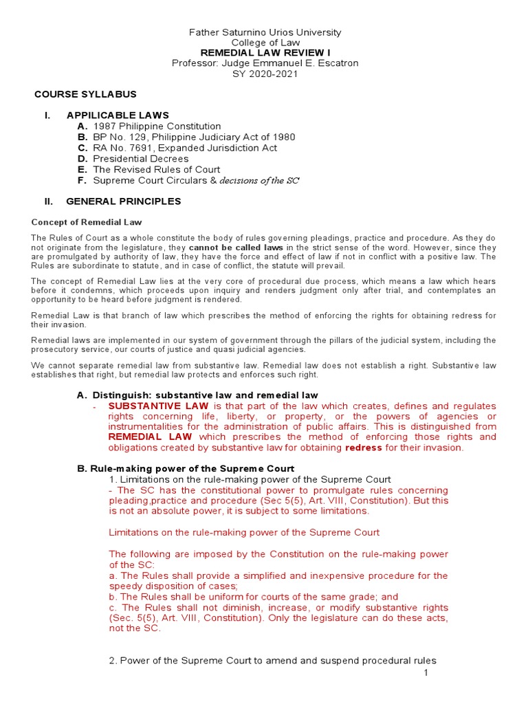 Remedial Law Review I Syllabus | PDF | Jurisdiction | Equity (Law)