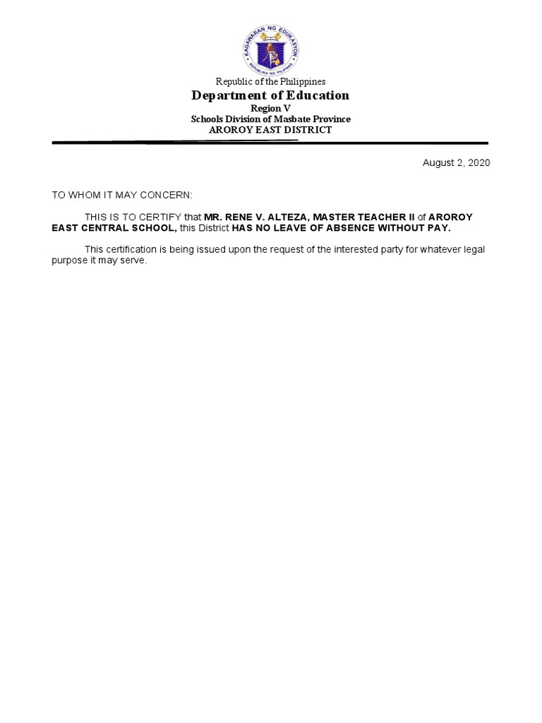 Department of Education: Region V Schools Division of Masbate Province ...