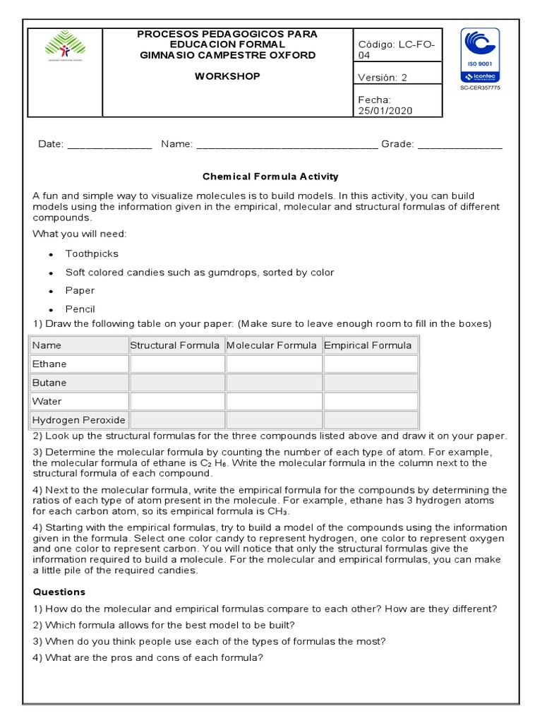 Chemical Formula Activity. | PDF