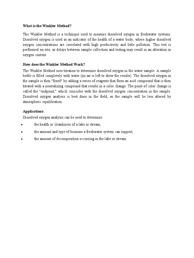 Winkler Method for Dissolved Oxygen Analysis | PDF | Titration | Chemistry
