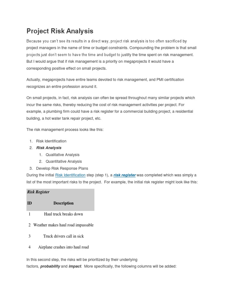 Project Risk Analysis | PDF | Risk Management | Truck Driver