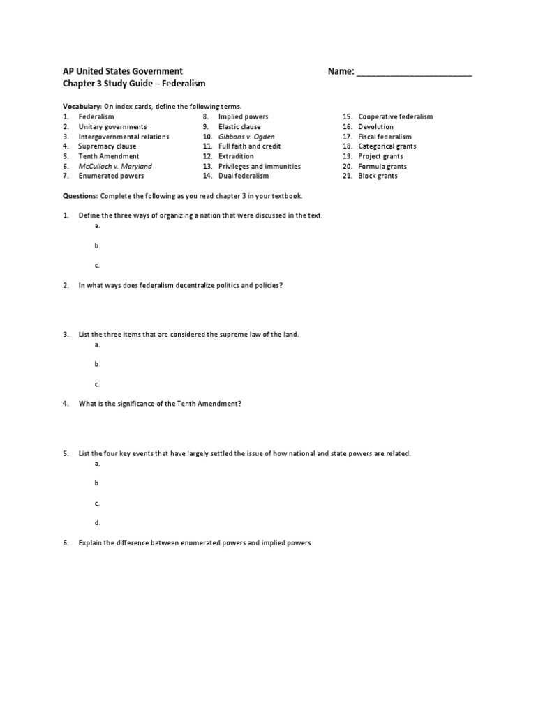 AP United States Government Name: - Chapter 3 Study Guide - Federalism ...