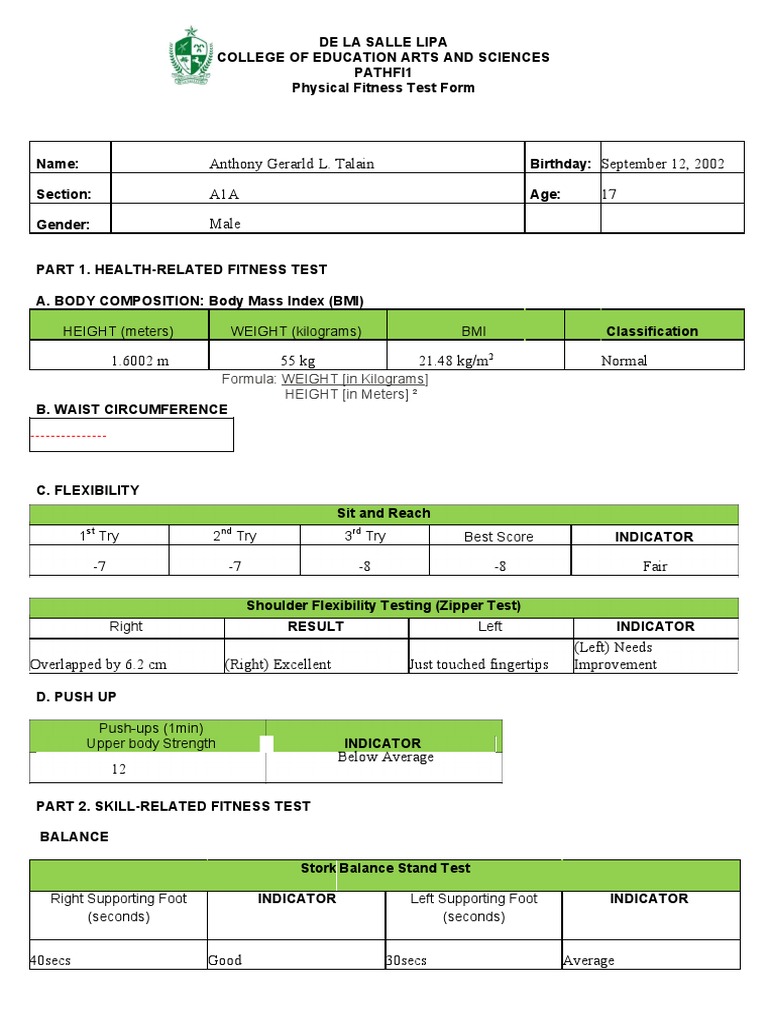 Physical Fitness Test Form | PDF | Body Mass Index | Metabolic Disorders