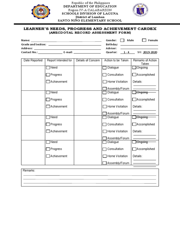 Learner'S Needs, Progress and Achievement Cardex | PDF | Learning ...