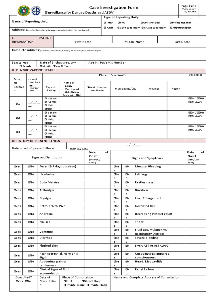 Dengue Death Case Investigation Form (CIF) | PDF | Physical Examination ...