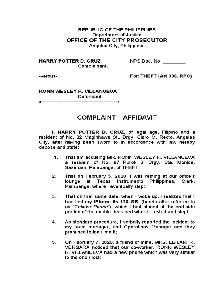 Office of The City Prosecutor: Complaint - Affidavit | PDF | Theft ...